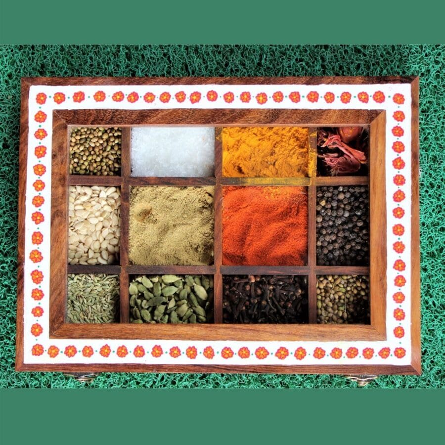 Hand-Painted Sheesham Wood Spice Box with 12 Partitions – Traditional ...